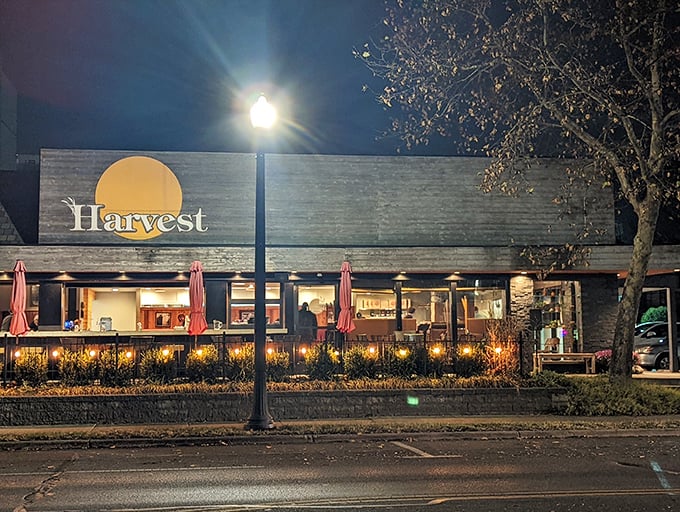 Nighttime at Harvest Pizzeria transforms this Bexley gem into a beacon of culinary promise, with warm lights beckoning hungry travelers from the street.