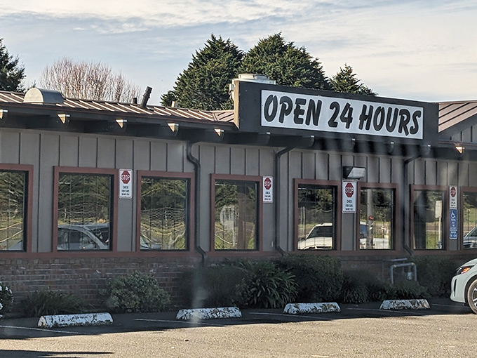 The three most beautiful words in the English language: "OPEN 24 HOURS." Toni's stands ready to welcome hungry travelers at any hour, a beacon of hope for midnight cravings.