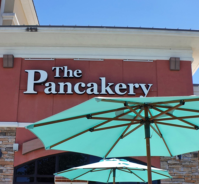 Nestled in a shopping plaza, The Pancakery's inviting patio offers a perfect perch for people-watching while sipping that morning mimosa.