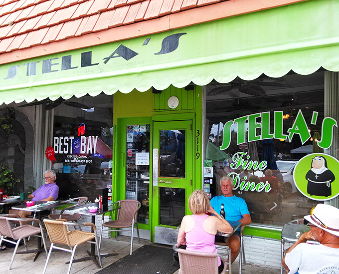 Lime green isn't just a color at Stella's&mdash;it's a declaration of breakfast independence. The cheerful exterior promises culinary adventures beyond the ordinary.