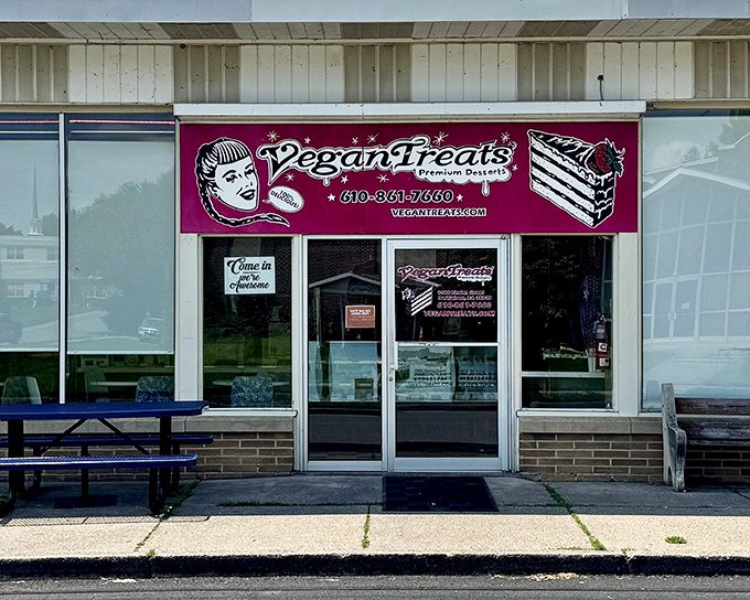 The hot pink storefront of Vegan Treats beckons like a rockabilly dessert oasis in Bethlehem. Come for the retro vibe, stay for the life-changing pastries.
