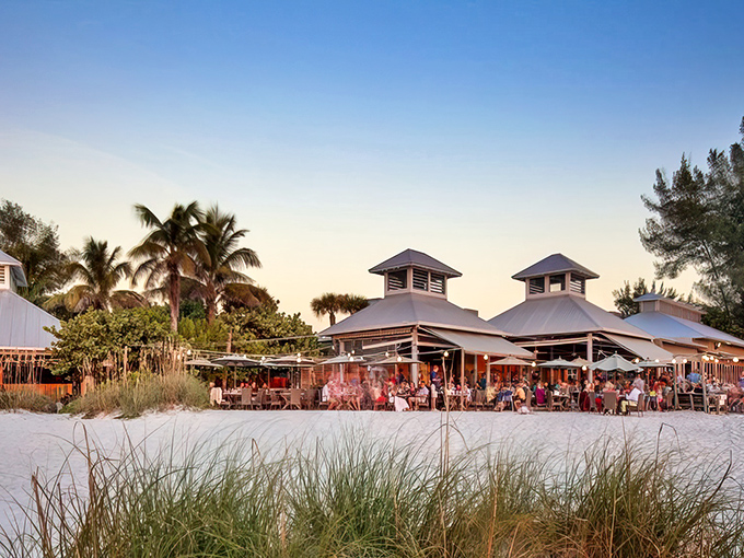Sunset transforms the Sandbar into a magical dining experience, where golden hour light bathes happy diners in nature's perfect Instagram filter.