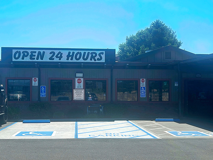 The three most beautiful words in the English language: "OPEN 24 HOURS." Toni's stands ready to welcome hungry travelers at any hour, a beacon of hope for midnight cravings.