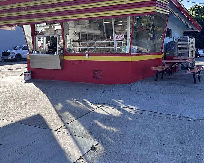 The red and yellow striped exterior of Donut Hut stands out like a beacon of sugary hope on this Burbank corner. Simple, unpretentious, and promising deliciousness.