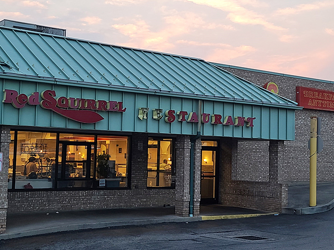 The iconic teal roof of Red Squirrel glows at dusk, beckoning hungry Cincinnatians like a culinary lighthouse on Colerain Avenue.