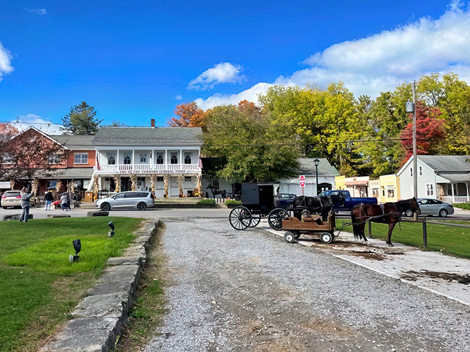Where time stands still but sandwiches move quickly. The historic fa&ccedil;ade of End of the Commons welcomes visitors with Amish buggies parked alongside modern vehicles.