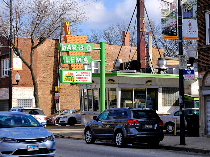 The unmistakable green and yellow sign of Lem's stands like a barbecue lighthouse on 75th Street, beckoning hungry pilgrims from miles around.