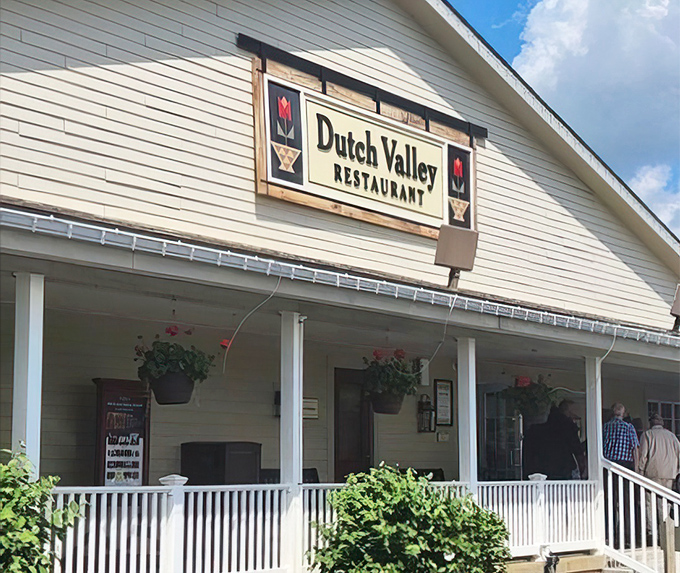 The welcoming facade of Dutch Valley Restaurant beckons like an old friend, complete with rocking chairs that practically whisper "stay awhile."