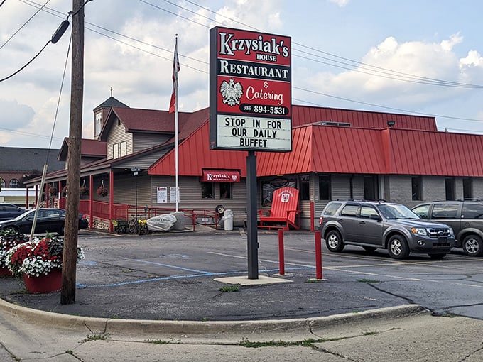 The iconic red-roofed exterior of Krzysiak's stands like a beacon of comfort food promise in Bay City, where Polish tradition meets Midwestern hospitality.