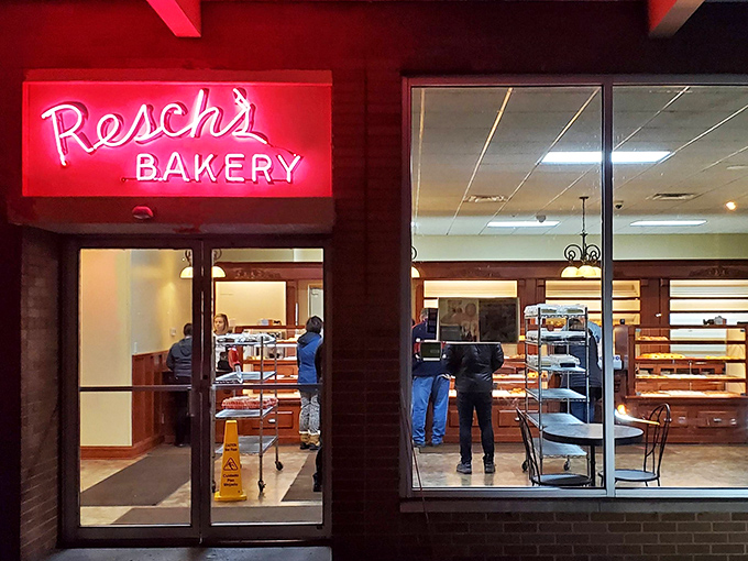 That iconic red neon sign beckons like a lighthouse for carb-lovers, promising sweet salvation after a long day. No filter needed on deliciousness.