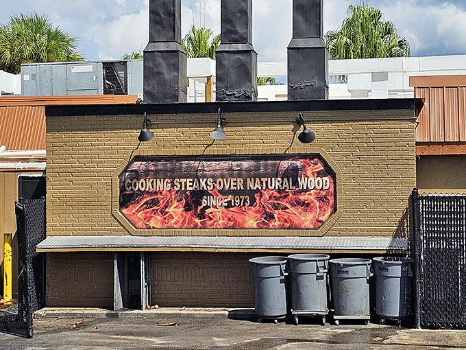 The sign says it all: "COOKING STEAKS OVER NATURAL WOOD SINCE 1973." In Florida's steak world, that's not just cooking&mdash;that's commitment.