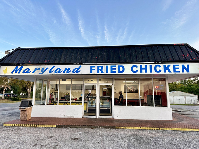 Blue skies and blue-ribbon chicken! Maryland Fried Chicken's storefront promises what fancy restaurants often forget&mdash;honest food that speaks for itself.