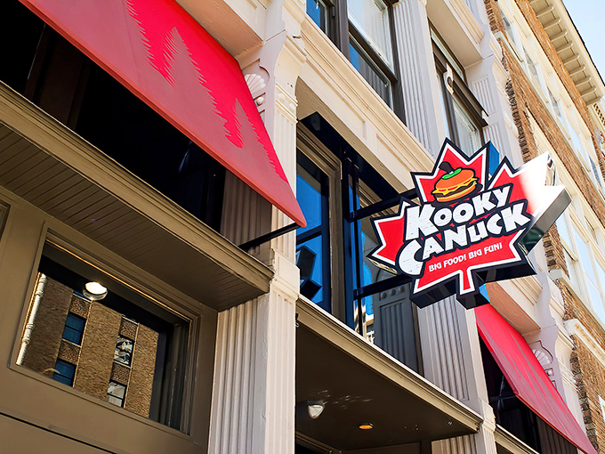 The iconic maple leaf sign beckons hungry travelers like a Canadian lighthouse guiding ships to caloric salvation.