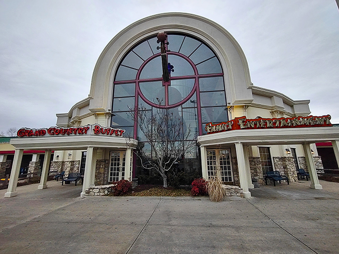 The grand arched entrance with its distinctive clock face isn't just architectural flair&mdash;it's literally announcing "it's time to eat!" in the heart of Branson.