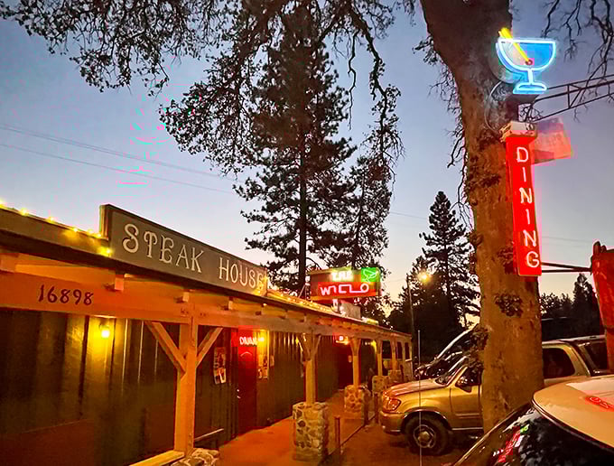 That neon glow isn't just a sign&mdash;it's a beacon of hope for hungry travelers seeking carnivorous salvation in the Sierra foothills.