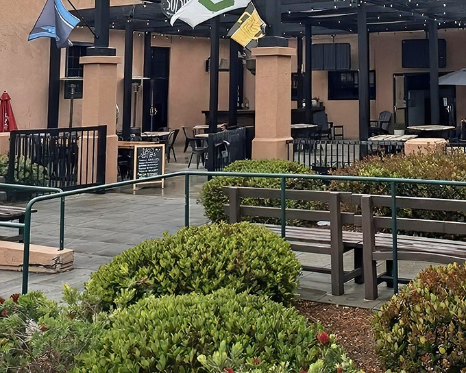 The inviting patio at Slater's 50/50 beckons with string lights and comfortable seating, promising a relaxed atmosphere for your burger adventure.