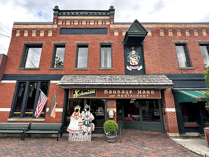 The brick facade of Schmidt's Sausage Haus stands proudly in German Village, like a delicious time portal to Old World Bavaria.