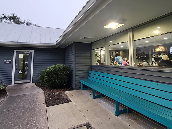 The unassuming blue exterior of Schooner's might not scream "culinary destination," but that turquoise bench is practically whispering, "Sit a spell after you've eaten too much."