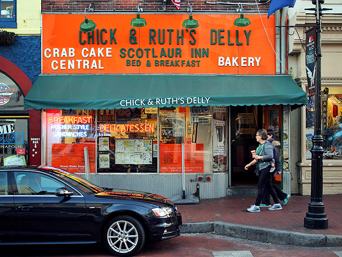 The unmistakable orange storefront of Chick & Ruth's stands out on Main Street like a beacon of comfort food calling hungry sailors home.