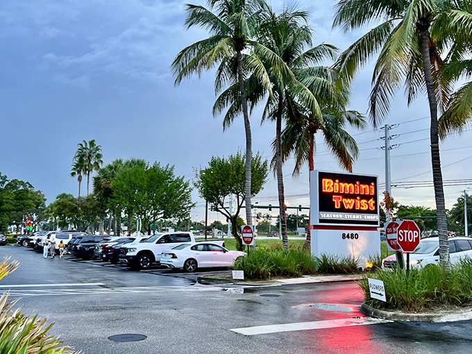 Palm trees stand sentinel around Bimini Twist's unassuming exterior, where culinary treasures await behind that glowing sign. Florida dining at its most authentic.