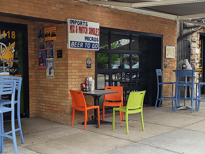 "Beer to Go" isn't just a sign&mdash;it's a promise. The colorful outdoor seating adds a cheerful touch to this beer-and-dog paradise.