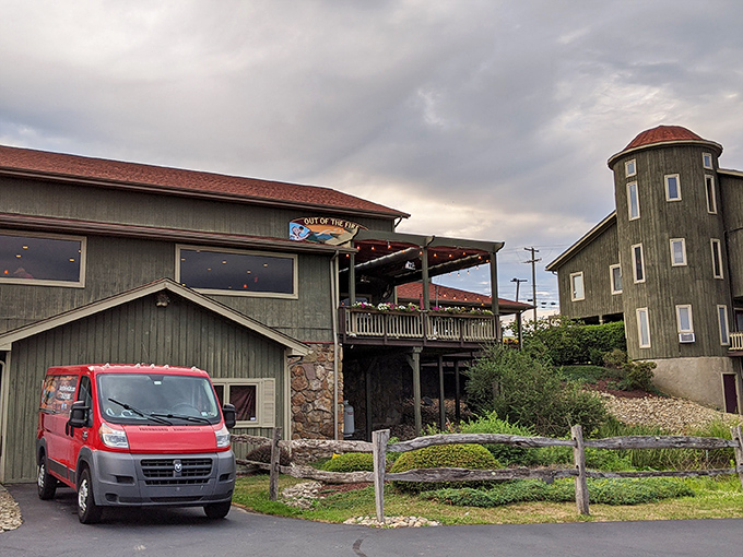 The unassuming exterior of Out of the Fire Cafe stands like a culinary lighthouse in Donegal's rolling landscape, beckoning hungry travelers with rustic charm.