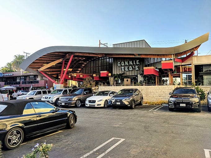 The wave-like roof of Connie and Ted's makes an architectural splash on Santa Monica Boulevard, like a stylish fishing boat that decided to drop anchor in West Hollywood.
