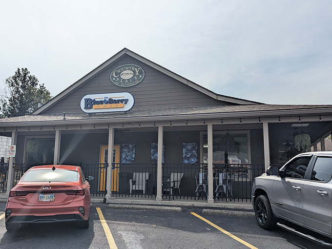 A second view reveals the caf&eacute;'s charming gray exterior and welcoming porch &ndash; breakfast paradise disguised as your favorite neighbor's house.