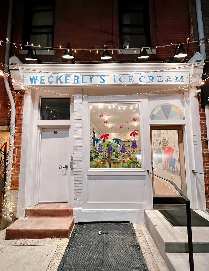 The charming storefront of Weckerly's beckons with twinkling string lights and a crisp white facade&mdash;like a frozen dessert speakeasy hiding in plain sight.