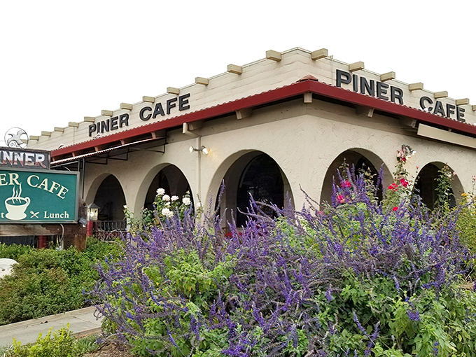 The unassuming exterior of Piner Cafe, with its stucco walls and vintage car out front, promises authentic diner magic without the fanfare.
