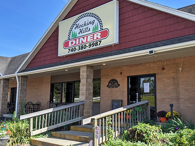 The welcoming facade of Hocking Hills Diner promises comfort food salvation after a day of hiking through Ohio's natural wonders.