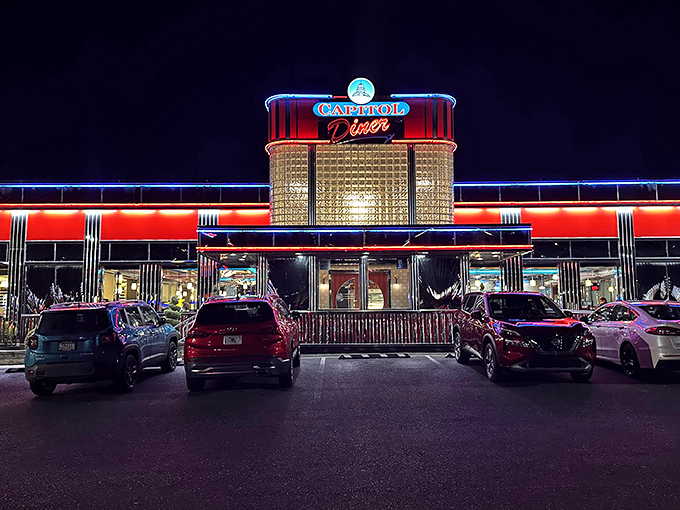 The Capitol Diner's neon glow transforms an ordinary night into a Edward Hopper painting with better food prospects. Classic Americana at its finest.