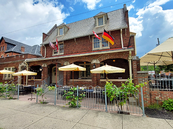 The brick façade of Valter's at the Maennerchor stands proudly in German Village, with cheerful yellow umbrellas inviting you to linger over a leisurely meal.