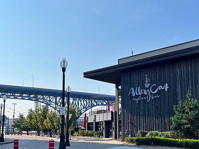 The perfect marriage of industrial chic and waterfront charm, Alley Cat's exterior stands proudly beneath Cleveland's iconic blue bridge, like a love letter to the city's renaissance.