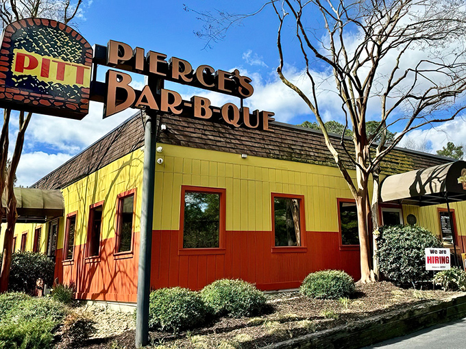 The sunshine-yellow exterior of Pierce's isn't just a building&mdash;it's a beacon of barbecue hope along I-64, promising smoky salvation to hungry travelers.
