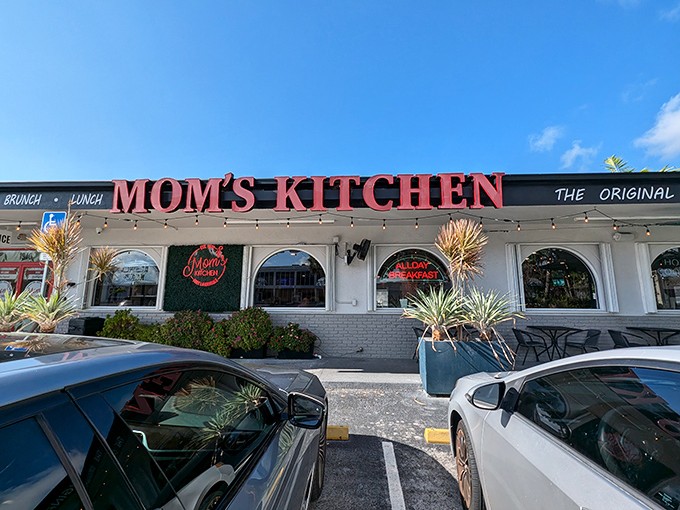 The red letters beckon like an old friend: "Mom's Kitchen" &ndash; where breakfast dreams come true and diet plans go to die.