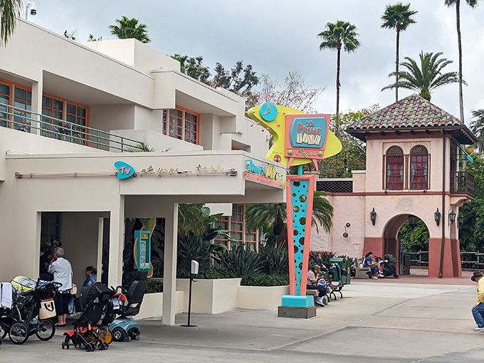 This bright exterior of 50's Prime Time Caf&eacute; stands as a technicolor beacon of nostalgia amid the Florida palms. Mom's kitchen never looked this inviting from the outside.