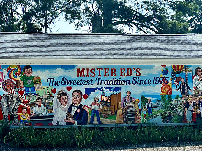 The colorful mural welcomes visitors with a visual feast of candy, elephants, and local history. Sweetest tradition indeed!