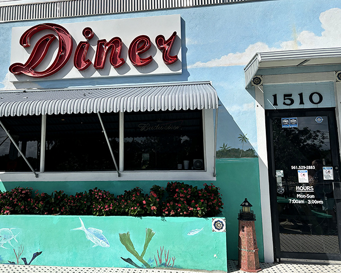 The mint-green exterior with classic neon "Diner" sign promises what every great Florida breakfast spot should: zero pretension, maximum flavor.