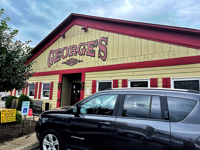 George's welcoming cream and burgundy exterior stands like a beacon of breakfast hope under Ohio's big sky. Home-style cooking awaits inside.