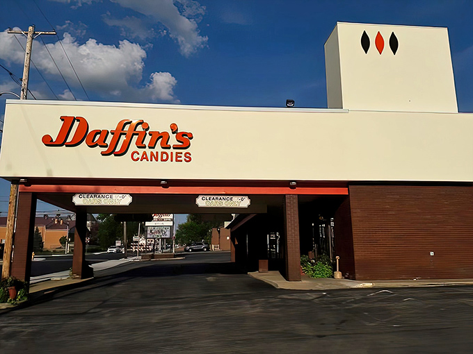 The iconic Daffin's sign welcomes sugar-seekers like a beacon of sweetness against the Pennsylvania sky. Chocolate paradise awaits!