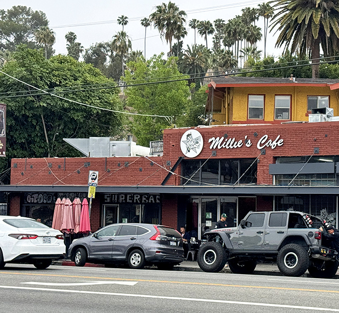 Those palm trees and red umbrellas whisper "California comfort" louder than any neon sign ever could.