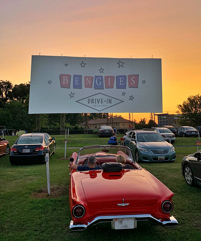 Sunset magic at Bengies, where a classic convertible perfectly frames the massive screen. Some experiences just can't be replicated on your living room TV.