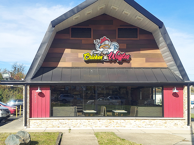 Another angle of the eye-catching exterior with its multi-toned wooden panels and vibrant signage. Architectural appetizer for the feast that awaits inside.