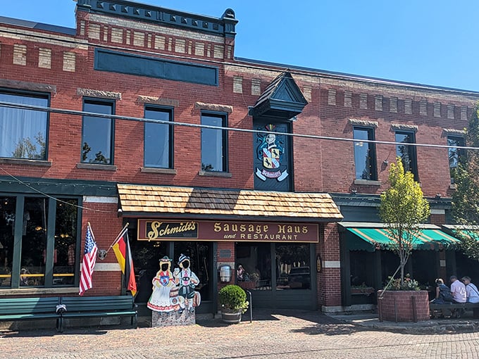 The iconic brick fa&ccedil;ade of Schmidt's welcomes hungry visitors with its vintage sign and wooden shingles&mdash;like a time portal to old-world Bavaria in Columbus.