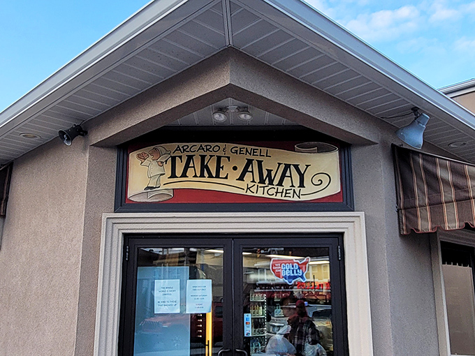 The unassuming exterior of Arcaro and Genell's Take-Away Kitchen proves once again that culinary treasures often hide behind modest facades.