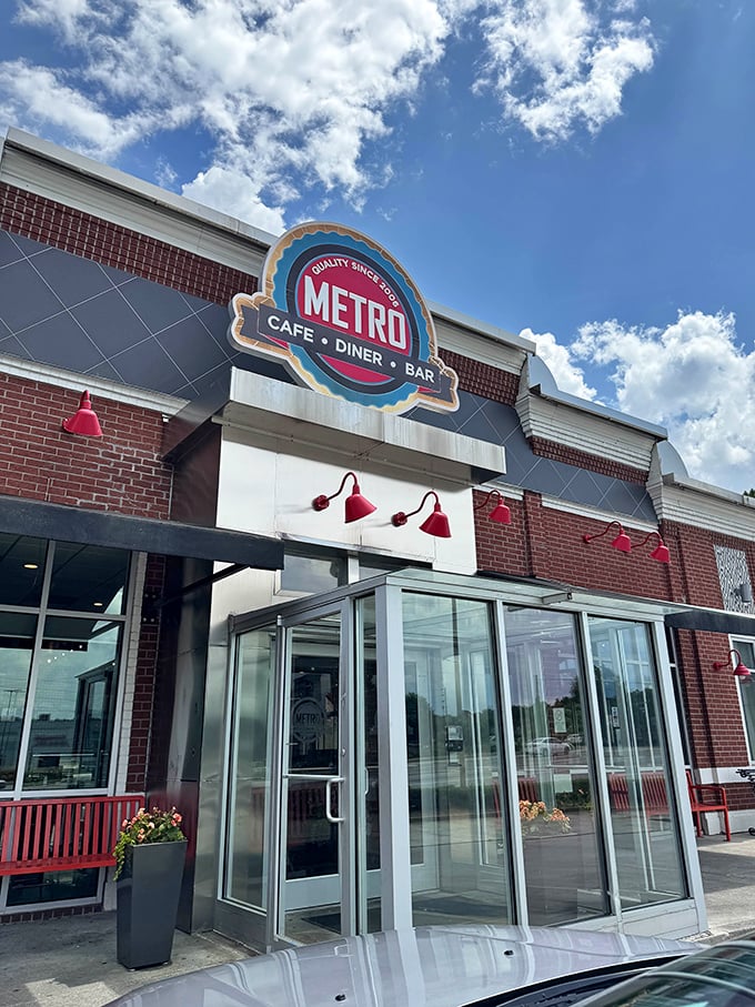 The brick facade of Metro Cafe Diner stands proudly in Stone Mountain, its patriotic bunting and welcoming entrance promising comfort food paradise within.