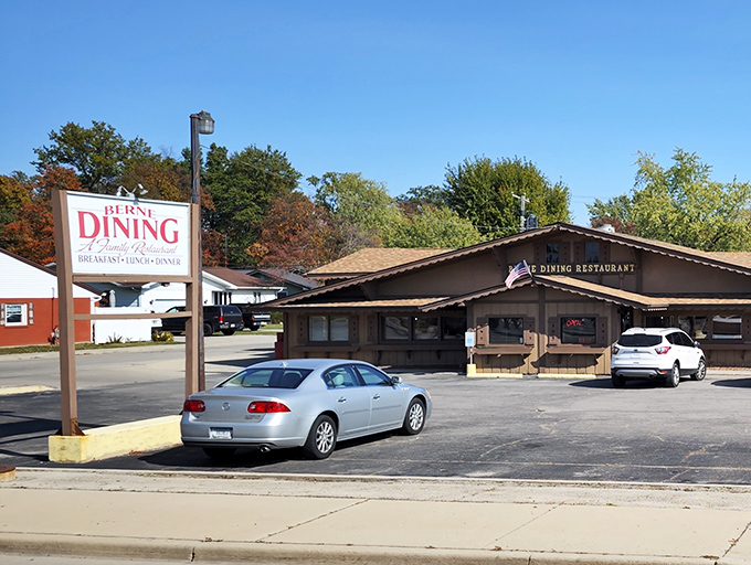 Morning light catches the classic roadside sign, standing like a beacon for hungry travelers. Small-town Indiana doesn't get more authentic than this.