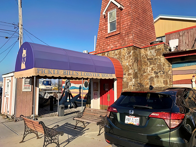 The iconic blue awning of Pickle Bill's welcomes seafood pilgrims like a maritime beacon. This unassuming exterior houses treasures that would make Neptune himself jealous.