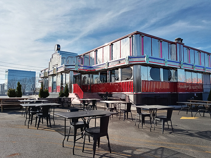 The gleaming chrome exterior of Tick Tock Diner stands like a time machine to a more delicious era, complete with outdoor seating for those perfect Jersey summer days.